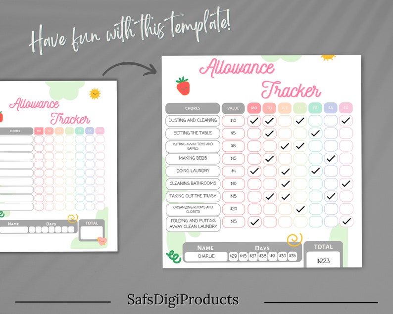 Editable Kid's Printable Allowance Tracker Digital Download: Keep Track ...