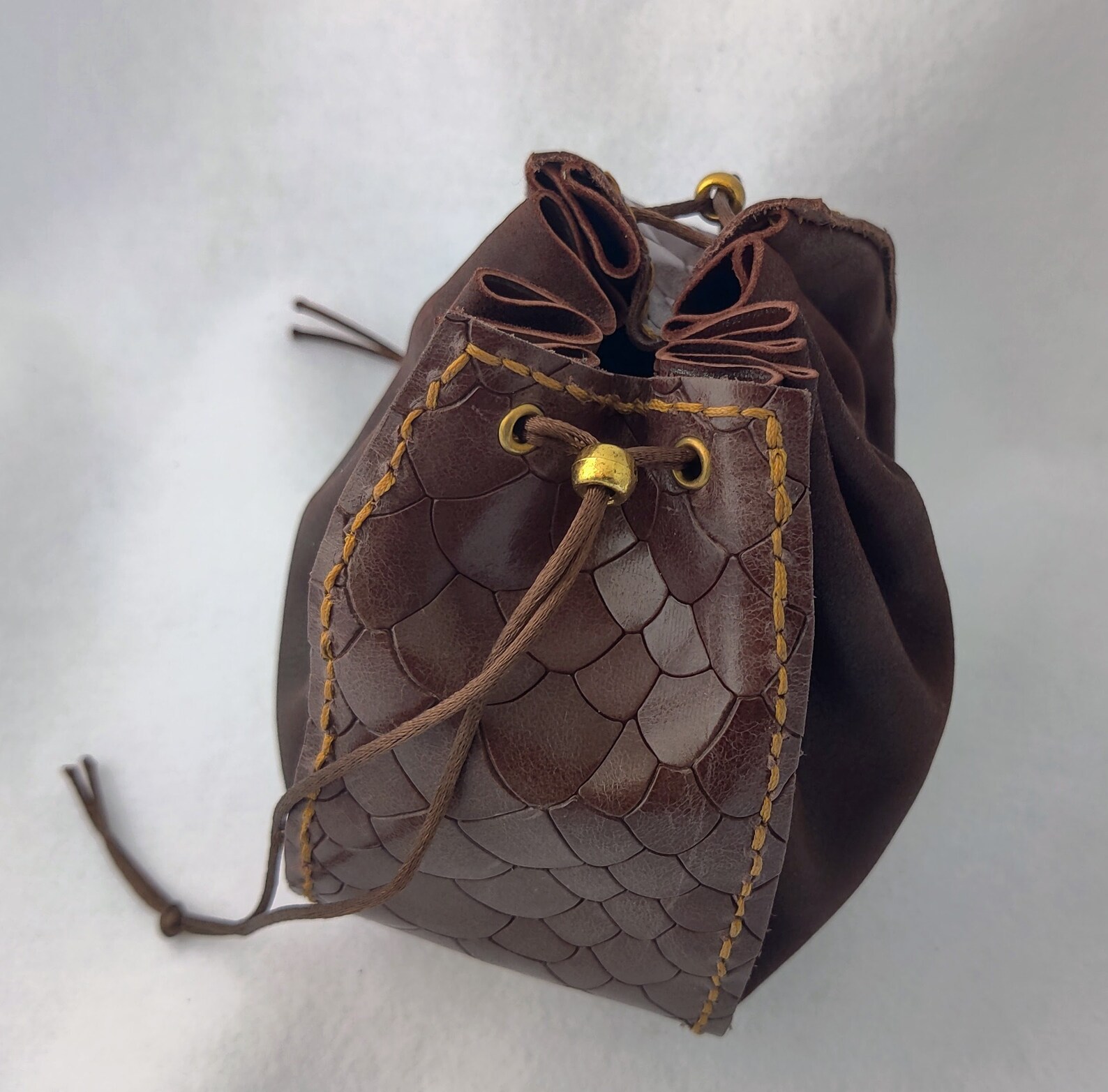 Leather Dice Bag - Brown Scale, Brown, Gold - Large - Drawstring Pouch ...