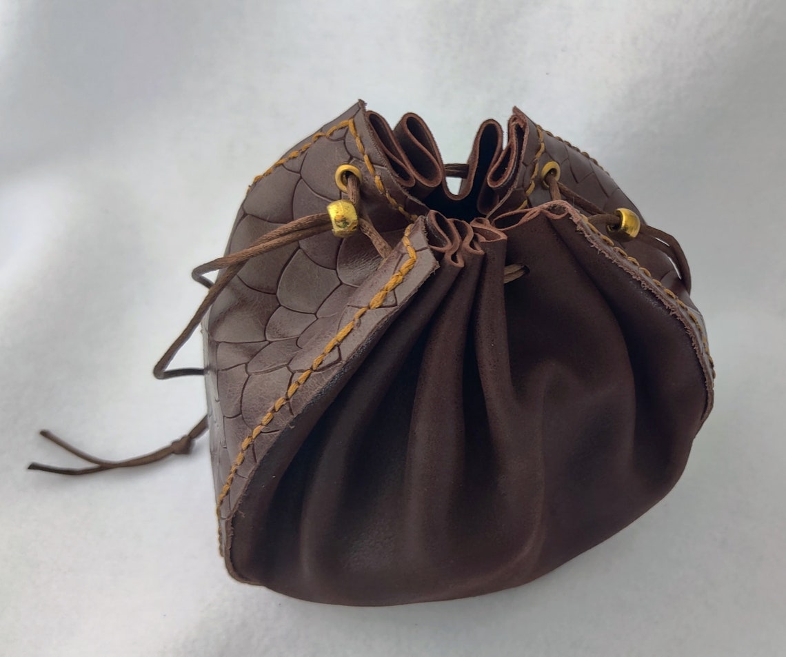Leather Dice Bag - Brown Scale, Brown, Gold - Large - Drawstring Pouch ...