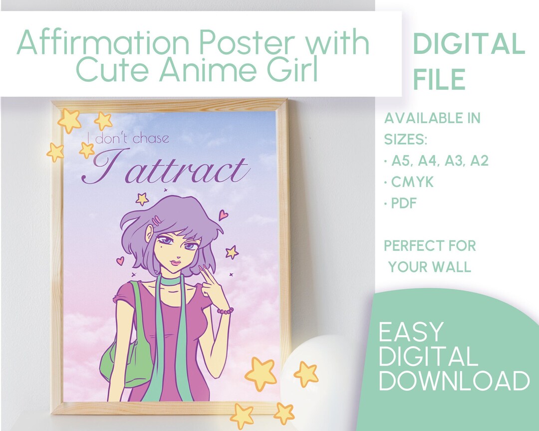 Dream Affirmation Printable, Cute Anime Girl Digital Download, Positive ...