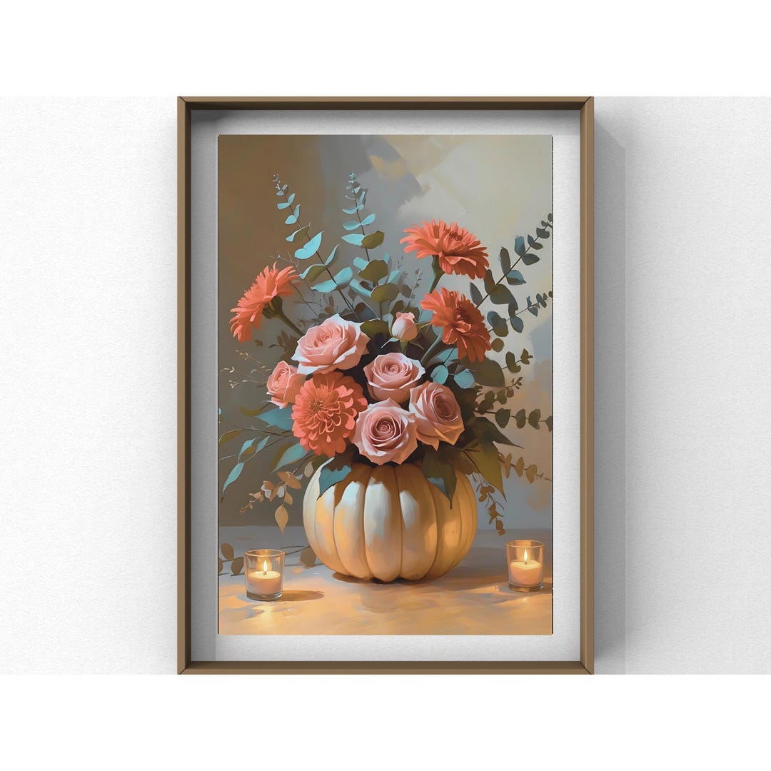 Pumpkin Vase Floral Wall Art, Fall Zinnias and Roses Print ...