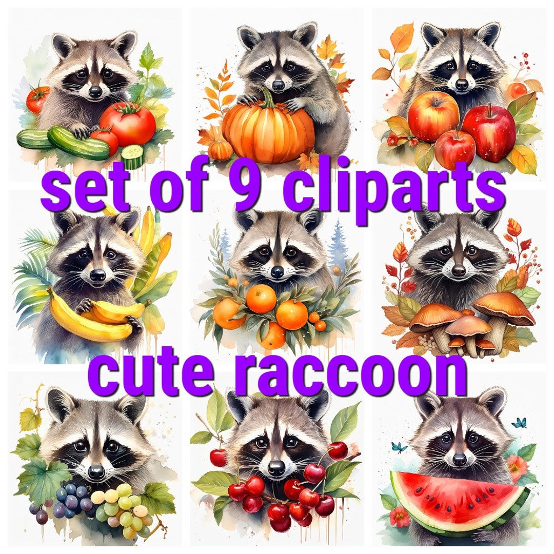 Racoon Clipart, Raccoon With Food, Cute Raccoon Images, 9 Watercolor Clip Art, Fruits ...