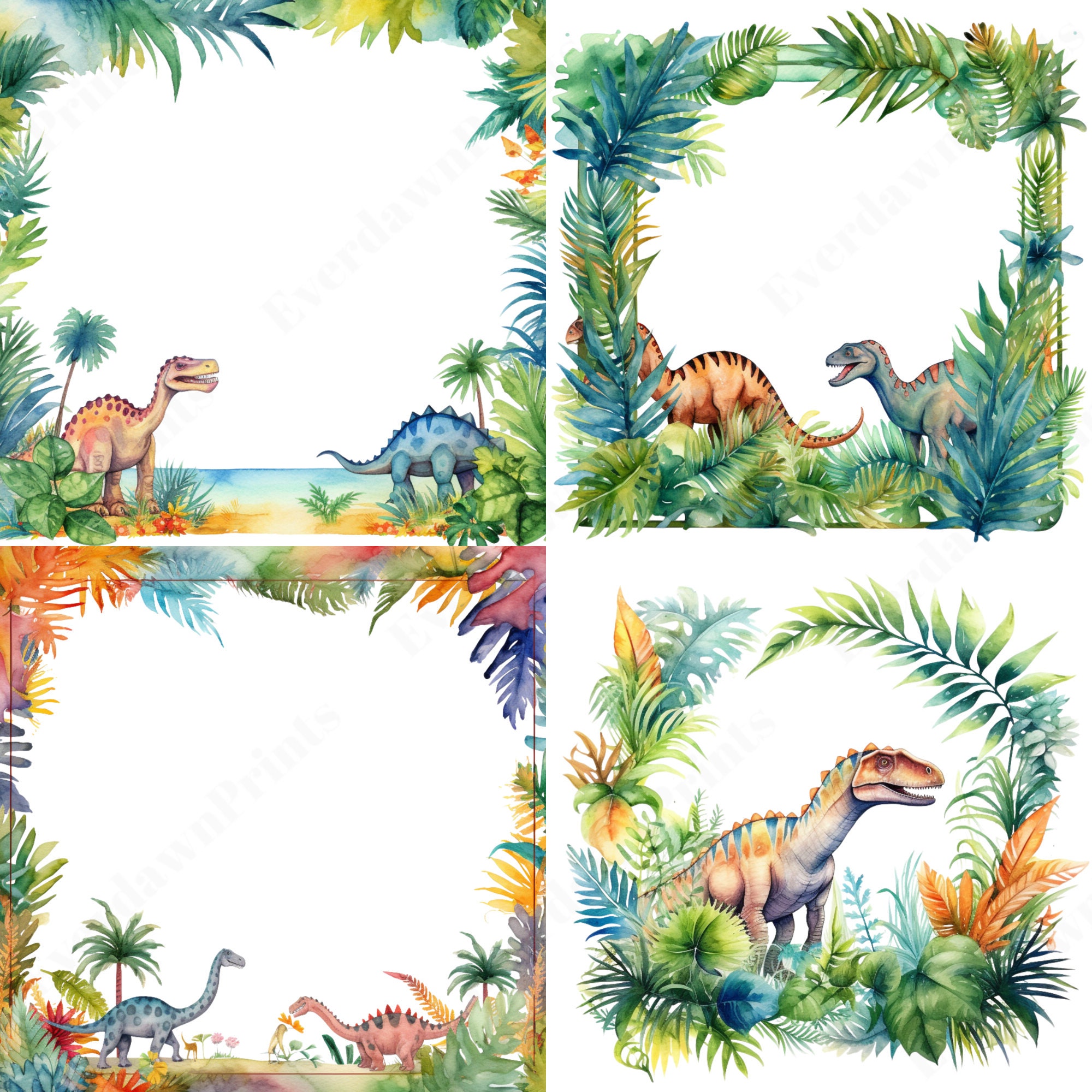 12 Watercolor Jurassic Palm Leaves Frames, Dino Borders, Dino Frames ...