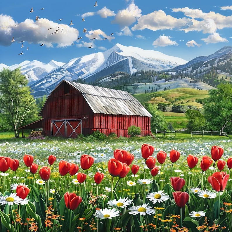 24 Scenic Farm Spring Flowers Clipart, Farmhouse in Spring, Mountain ...
