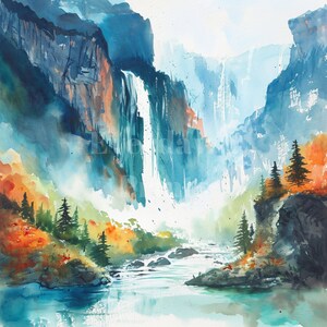 24 Trees Near River and Mountains Watercolor Clipart - Foggy Forest ...