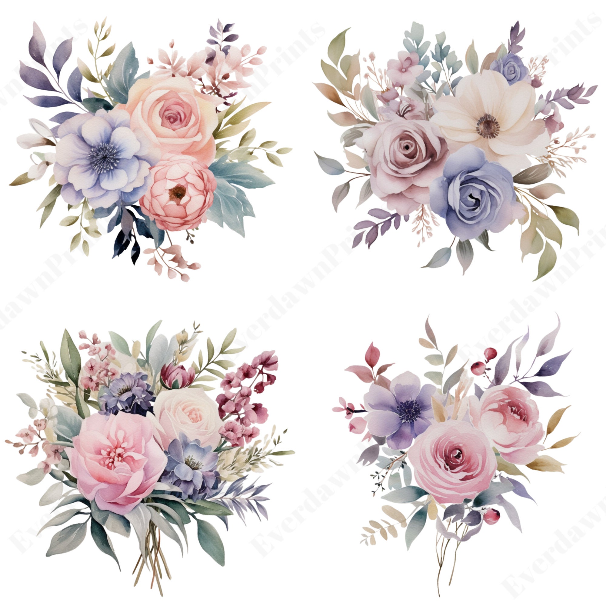 27 Boho Roses Bouquets Clipart, Boho Flower PNG, Dusty Pink Watercolor ...