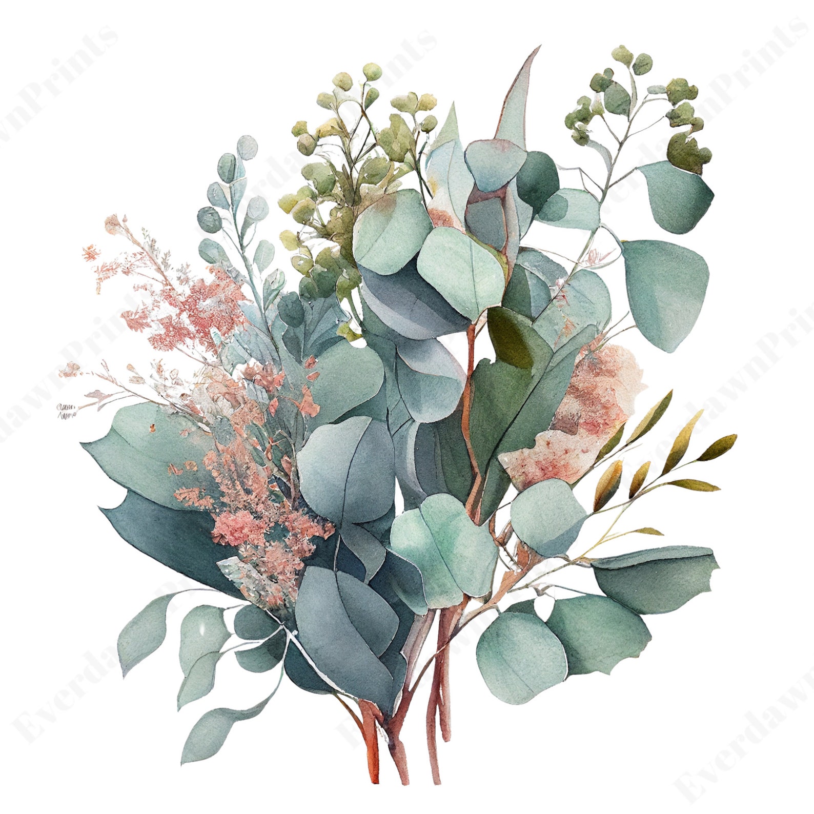 30 Watercolor Greenery Eucalyptus Clipart, Eucalyptus Bouquet, Greenery ...