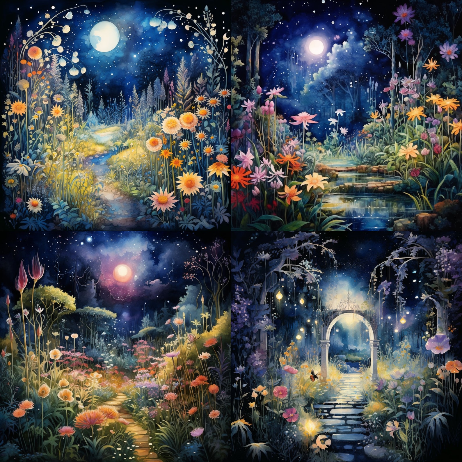 26 Watercolor Mystical Moonlit Garden Clipart, Moonlight Clipart, High ...