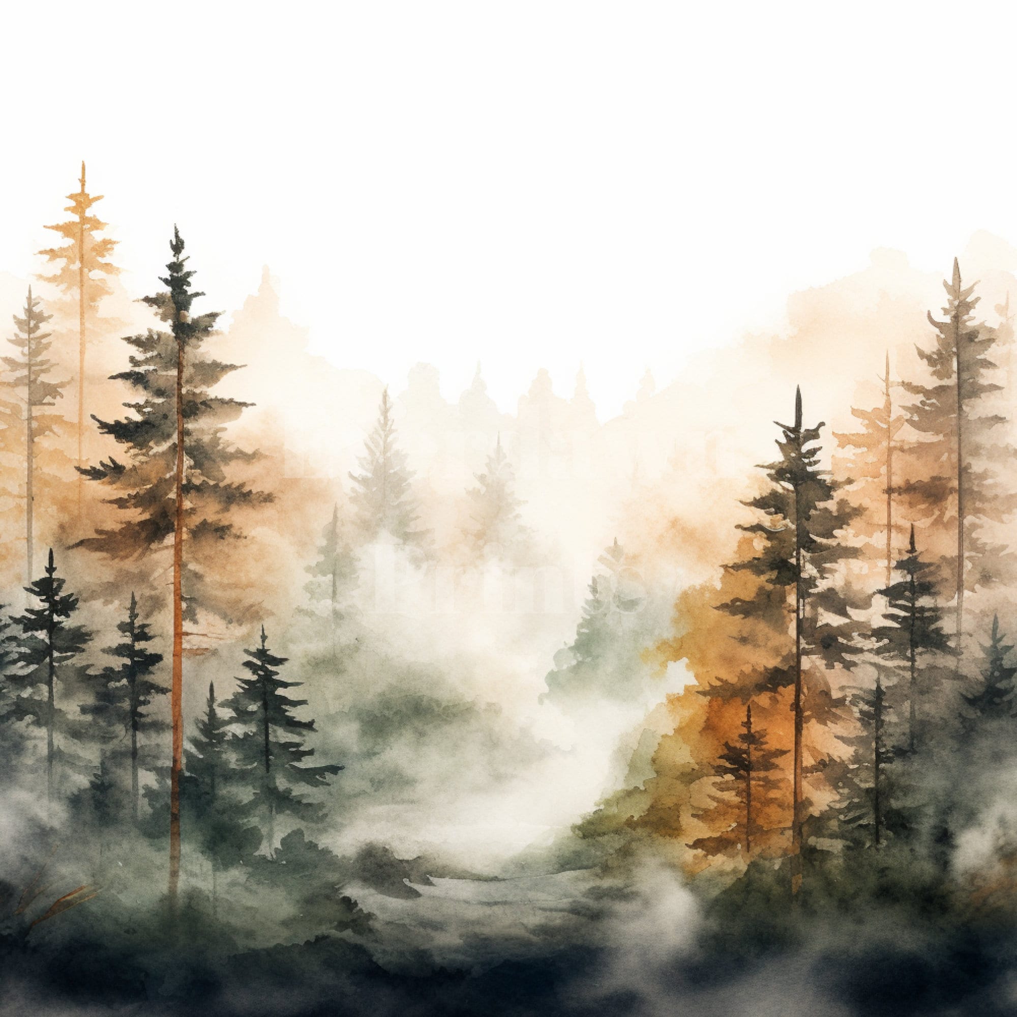 Watercolor Foggy Forest Clipart, Misty Forest Watercolor, Digital ...