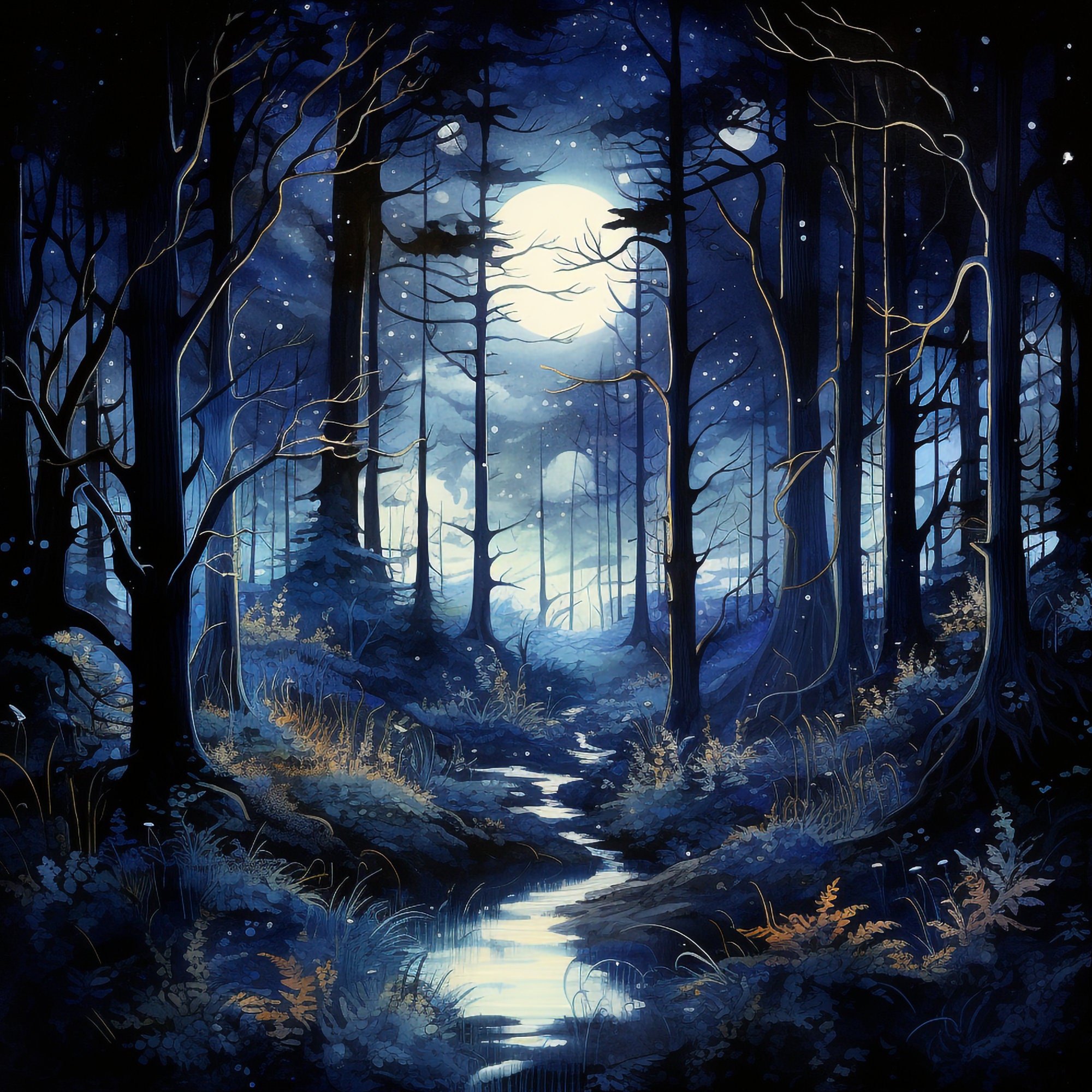 26 Watercolor Mystical Moonlit Forest Clipart, Moonlight Clipart, High ...
