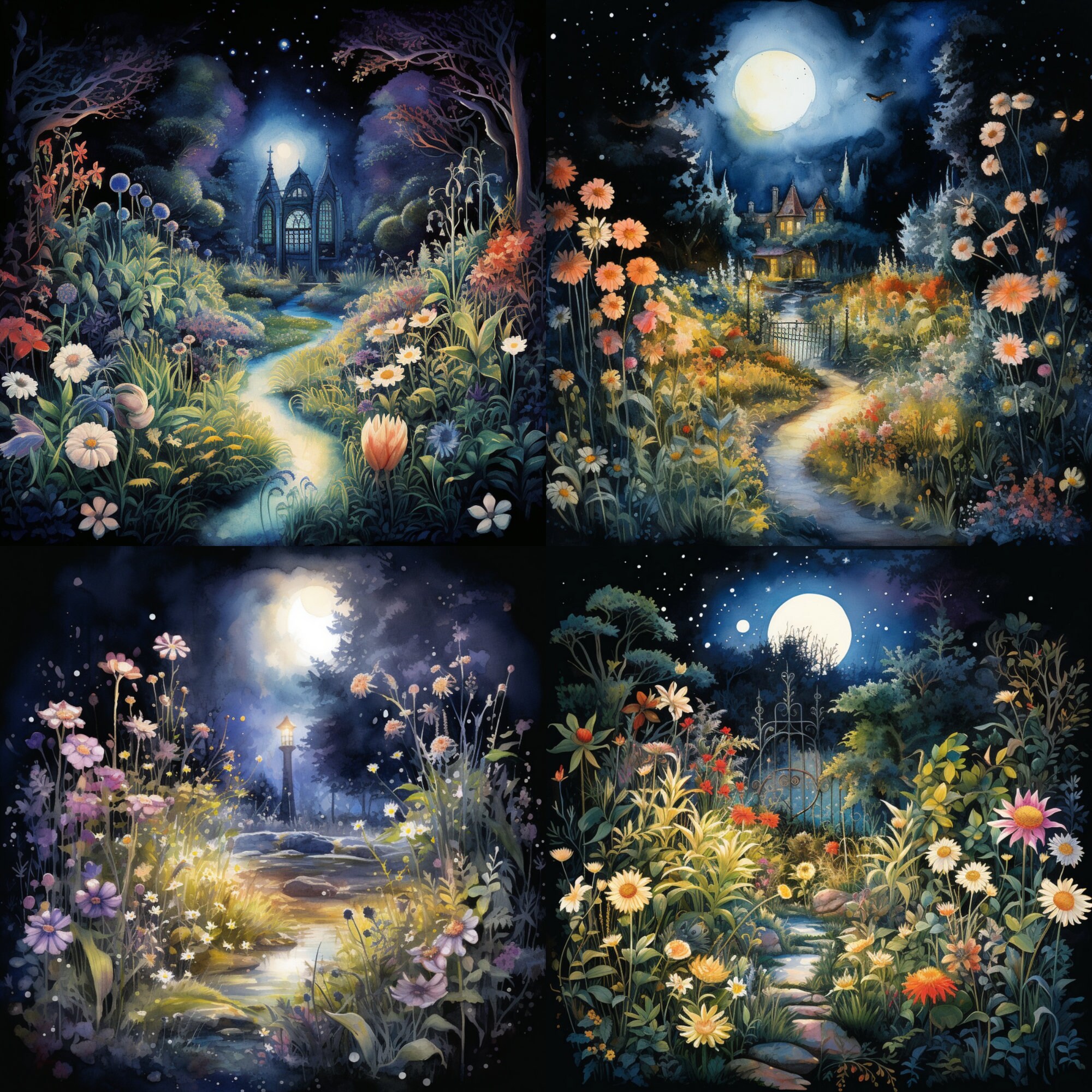 26 Watercolor Mystical Moonlit Garden Clipart, Moonlight Clipart, High ...