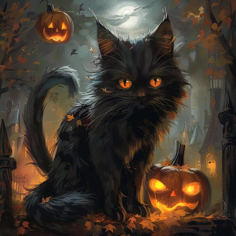 Halloween Black Cat Witch Clipart, Spooky Pumpkin Illustration (digital ...