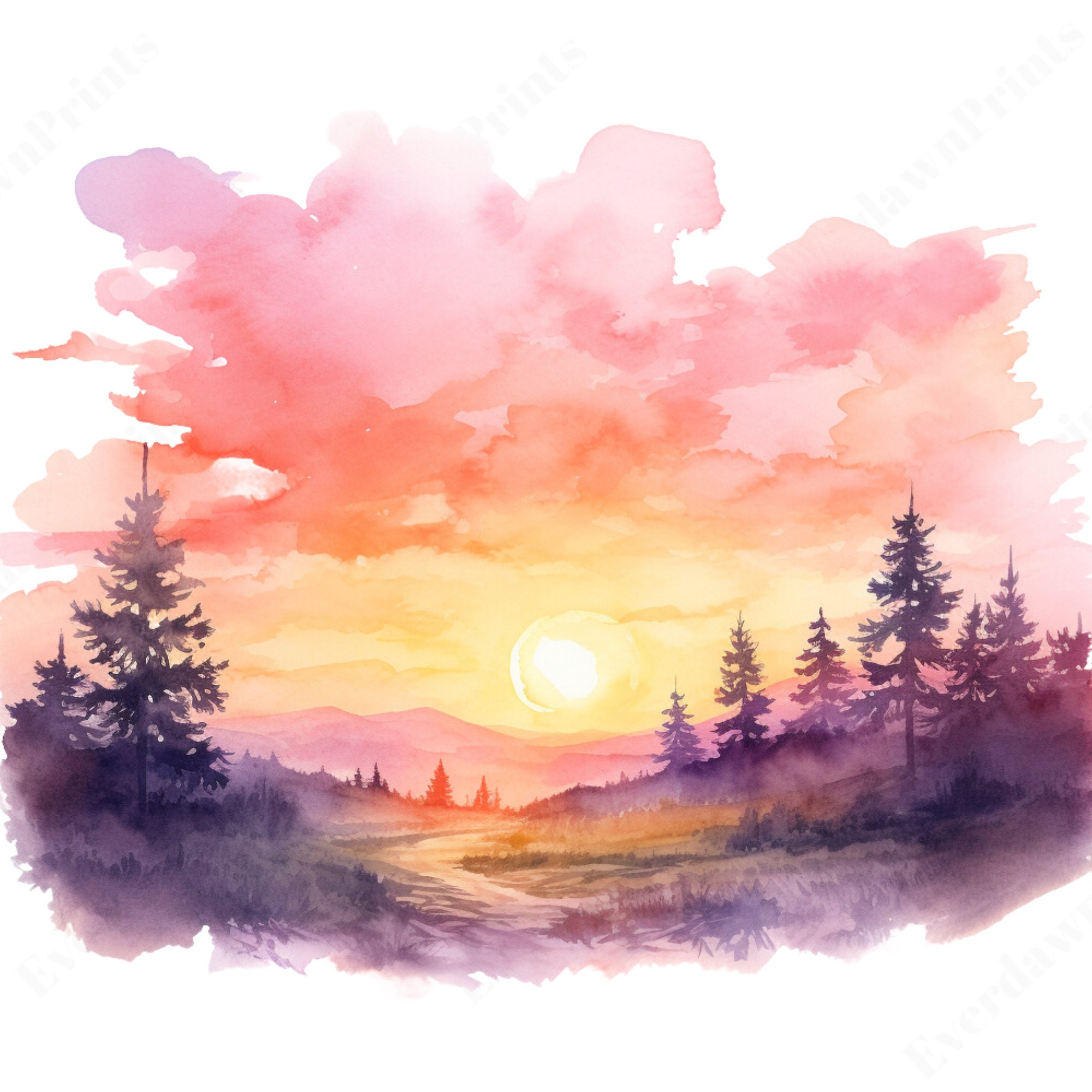 21 Watercolor Sunset Silhouettes Cli, High Quality Watercolor PNG ...