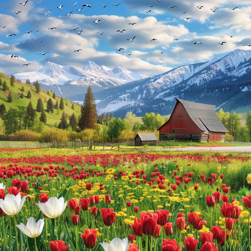 24 Scenic Farm Spring Flowers Clipart, Farmhouse in Spring, Mountain ...