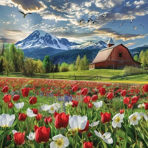 24 Scenic Farm Spring Flowers Clipart, Farmhouse in Spring, Mountain ...