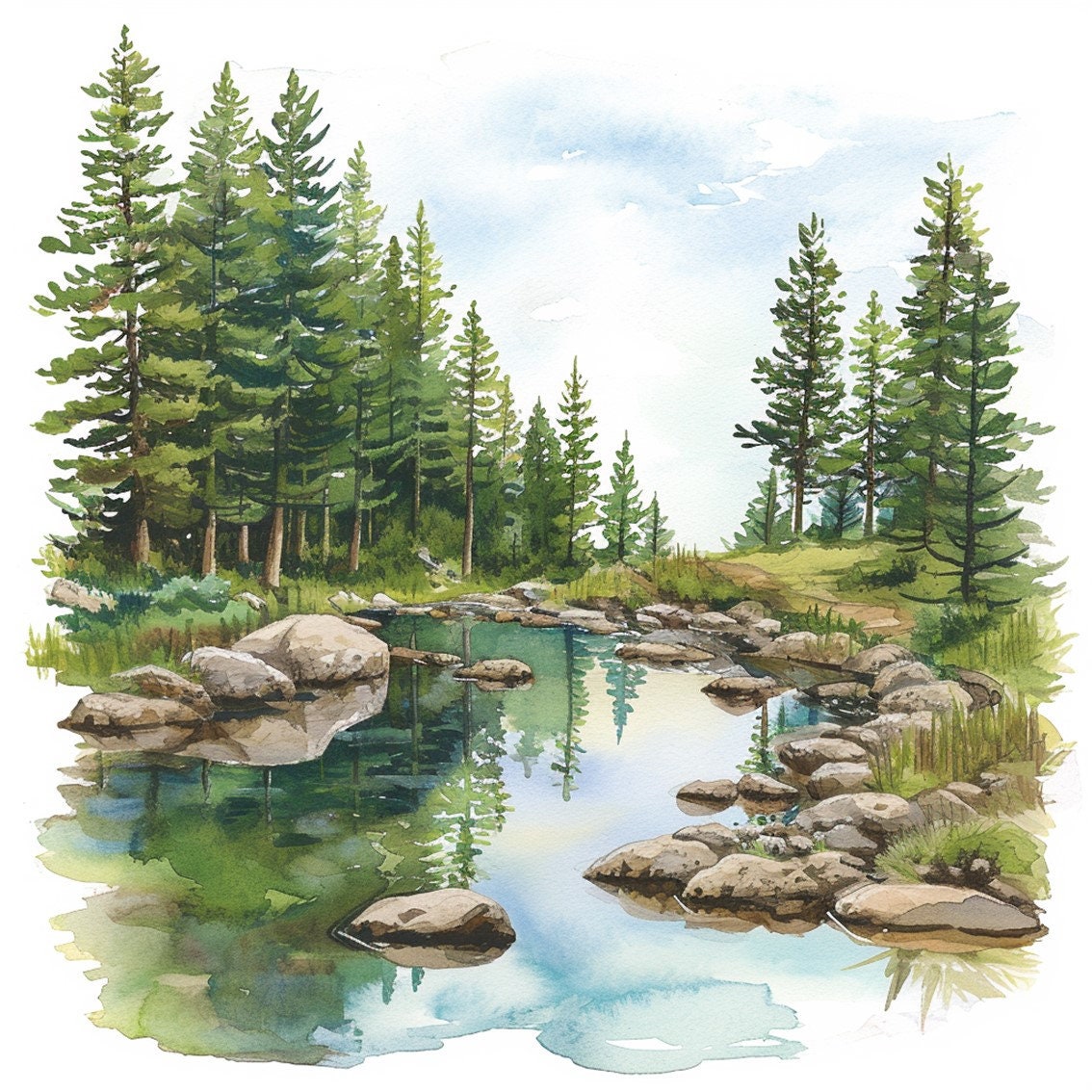 24 Forest Stream Watercolor Clipart, Watercolor Forest Background, High ...