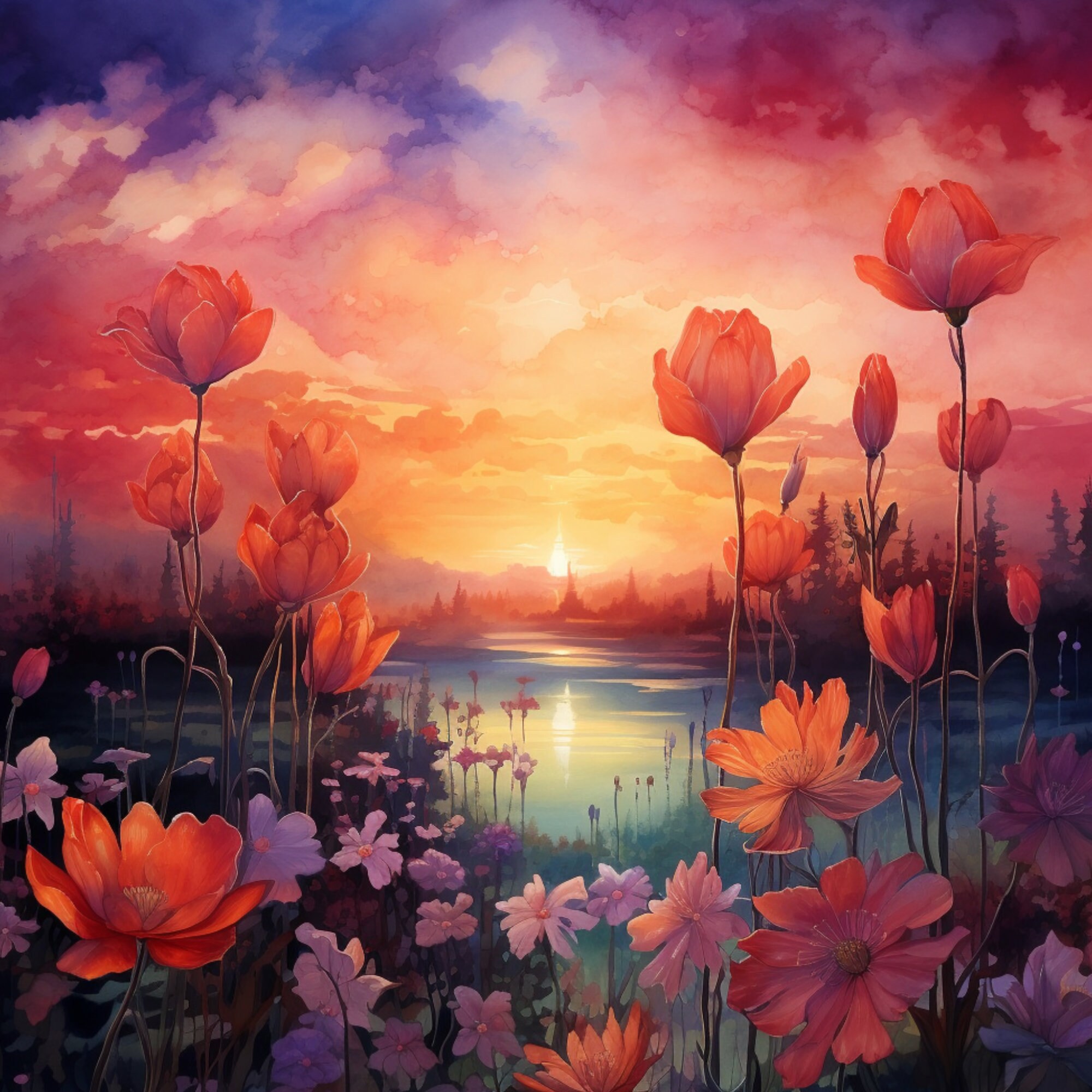 24 Watercolor Sunset Floral Clipart, Watercolor Flowers Clipart, High ...