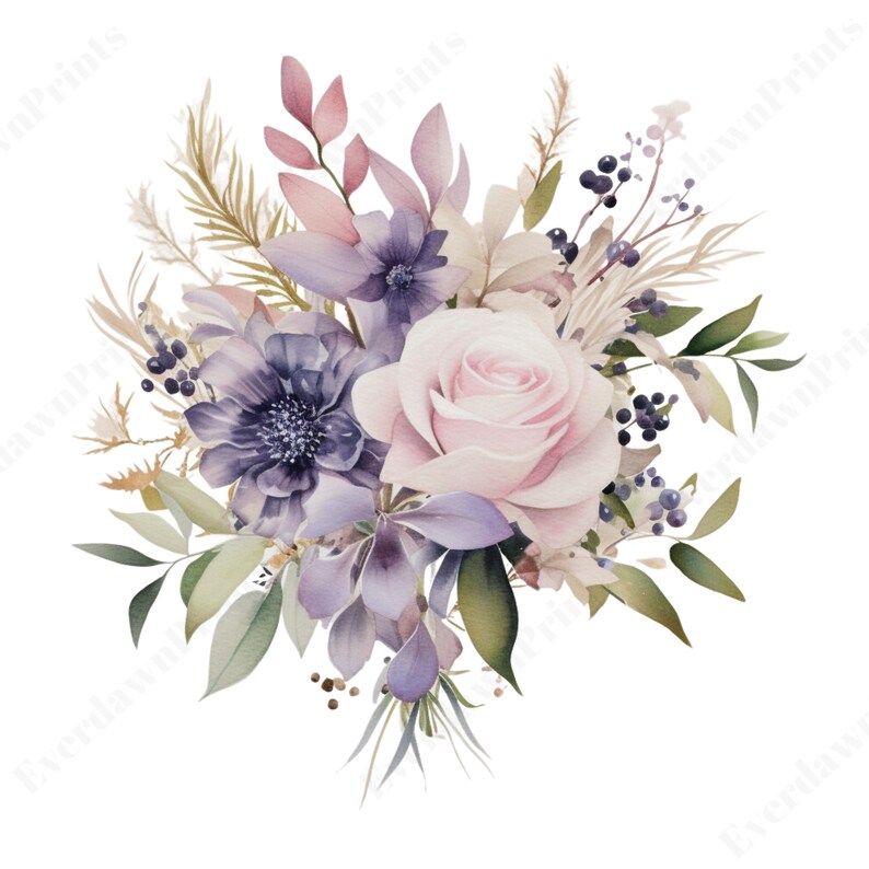 27 Boho Roses Bouquets Clipart, Boho Flower PNG, Dusty Pink Watercolor ...