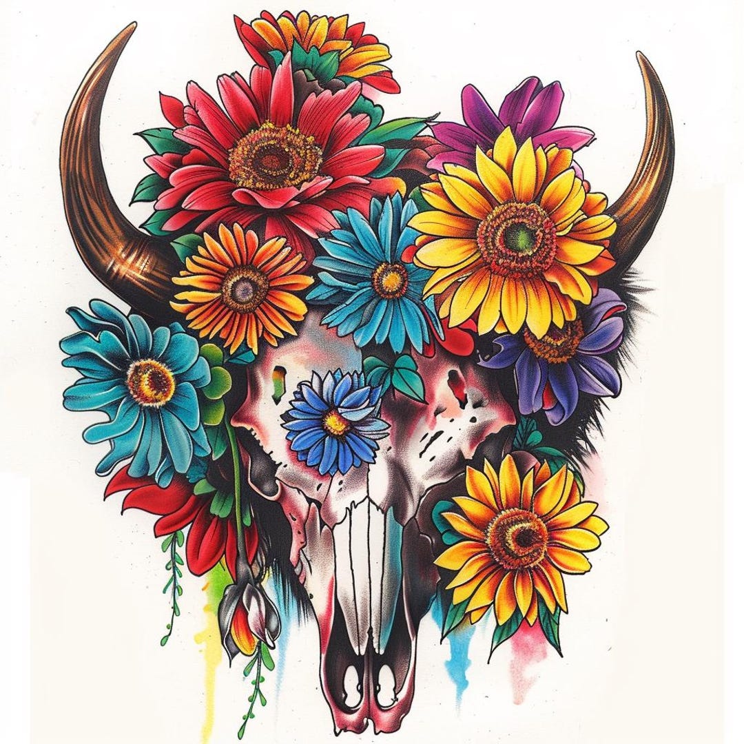19 Boho Bull Skull Clipart, Floral Skull Clipart, Watercolor Bull Skull ...