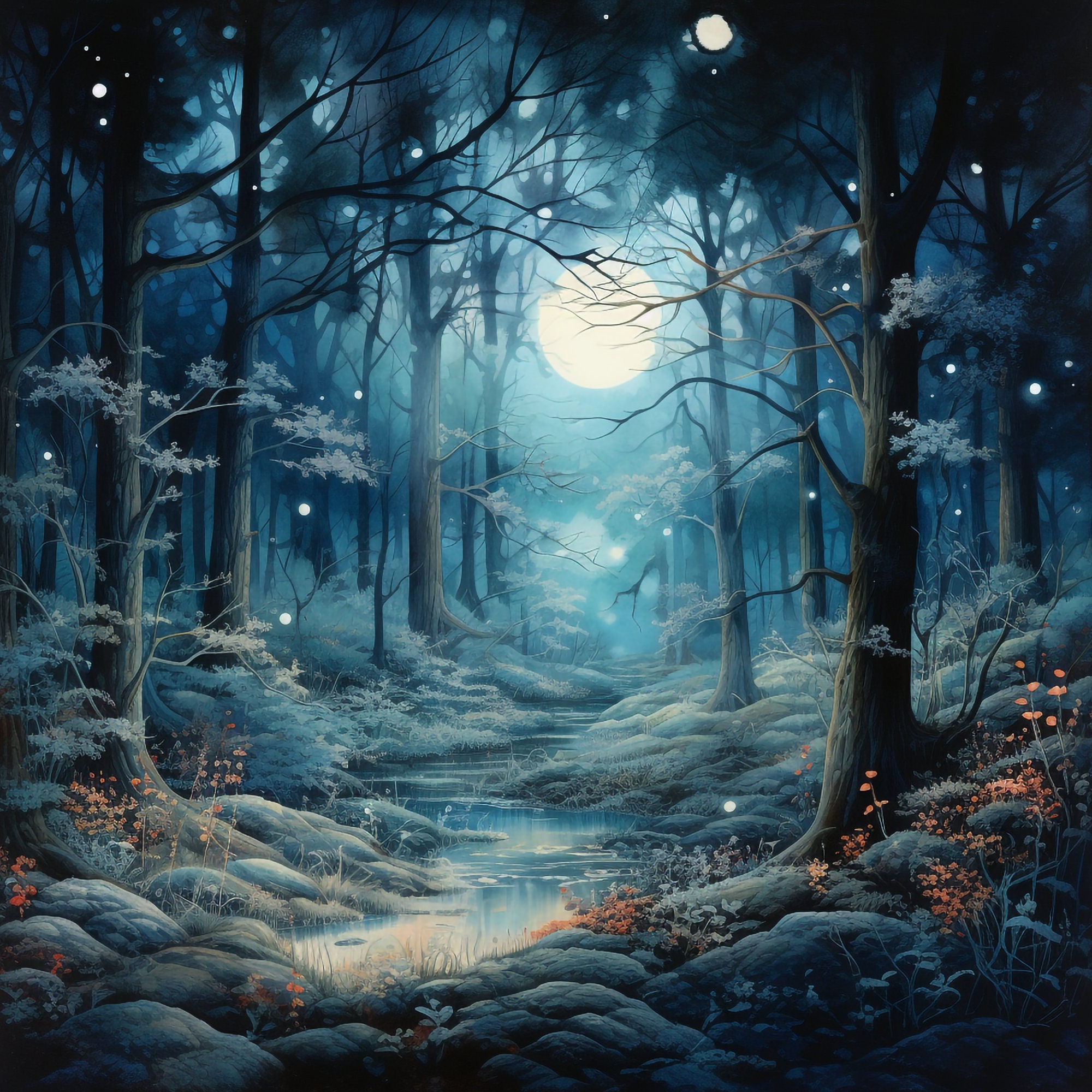 26 Watercolor Mystical Moonlit Forest Clipart, Moonlight Clipart, High ...