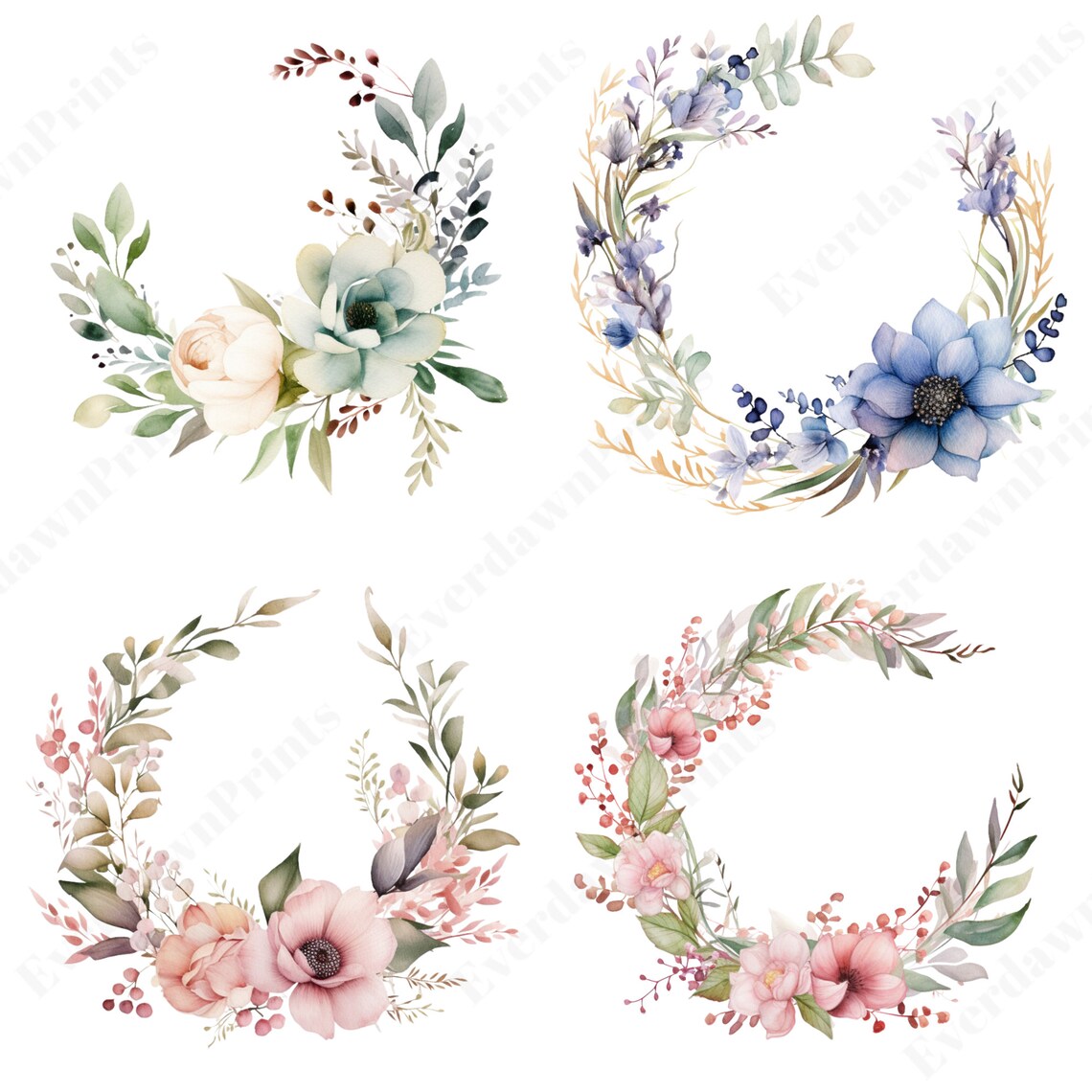 34 Flower Wreath Clipart, Flowers Arrangements, Watercolor Rustic ...