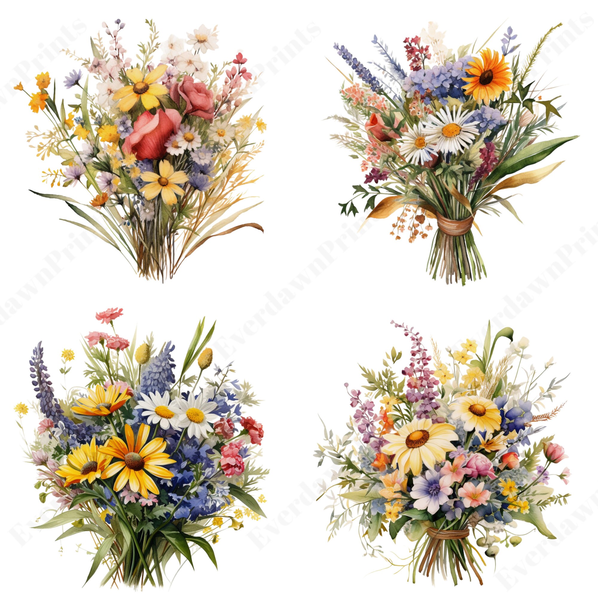 23 Rustic Flowers Bouquets Clipart, Wild Flowers Clipart, Dried Grass ...