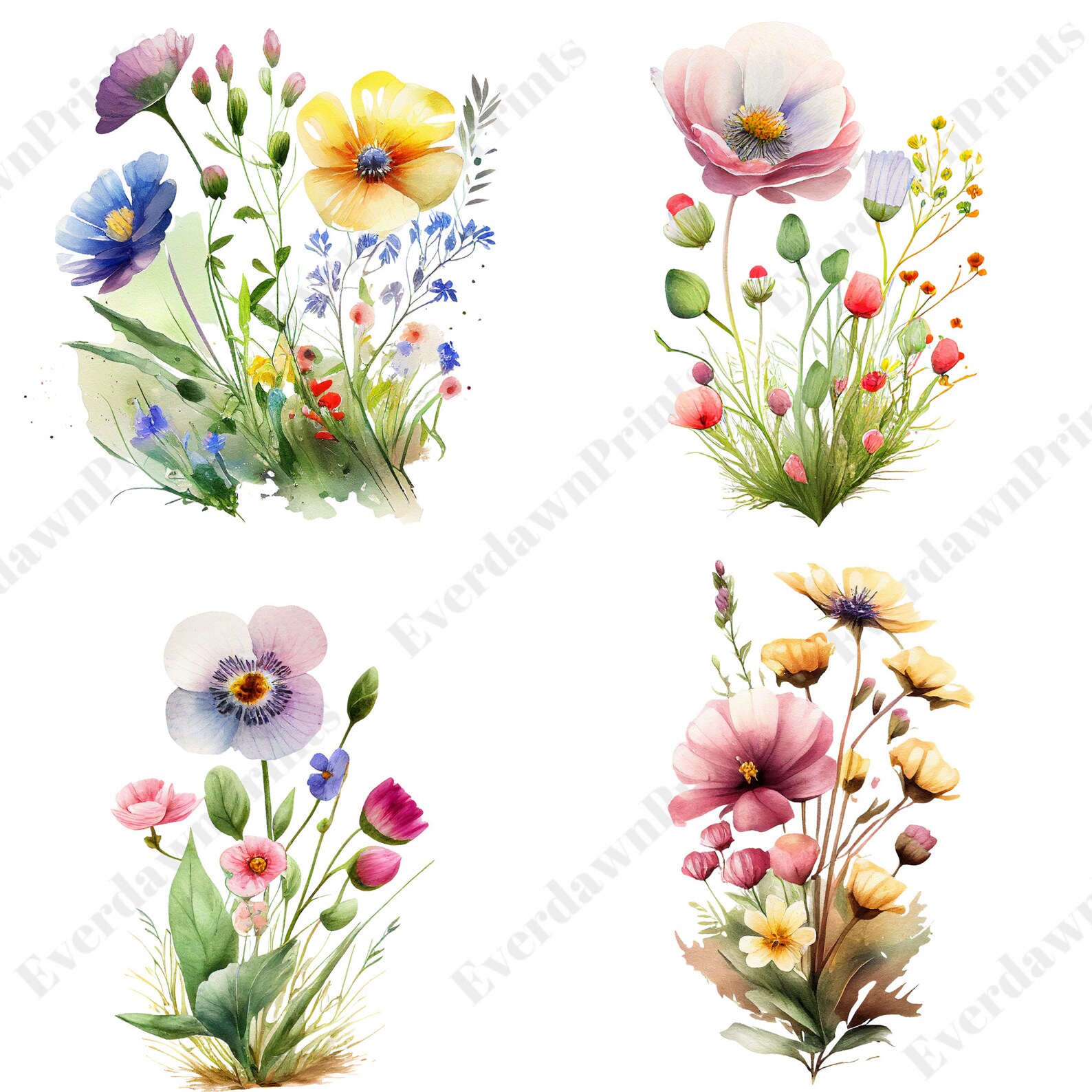 18 Watercolor Meadow Flowers Clipart High Quality PNG Card - Etsy
