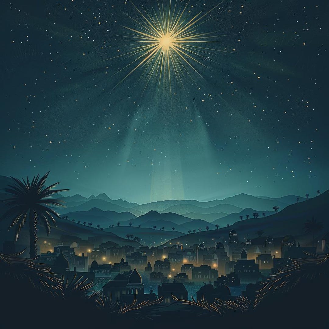 24 Starry Night Bethlehem Scene Clipart, Christmas Star Over City ...