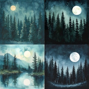 28 Moonlit Forest Night Scene Watercolor Clipart, Moonlight Clipart ...