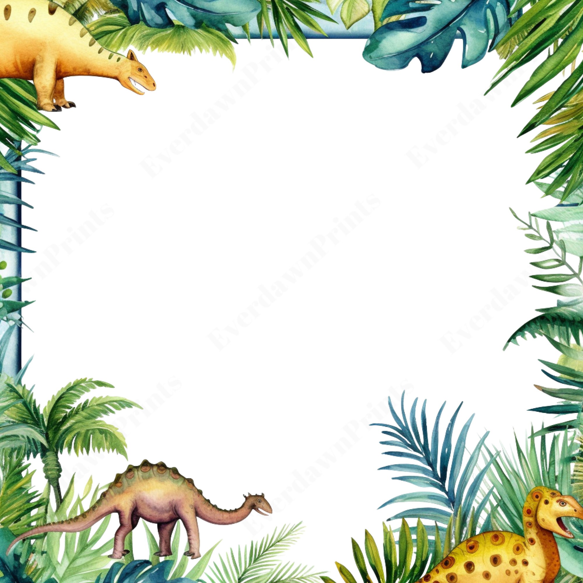 12 Watercolor Jurassic Palm Leaves Frames, Dino Borders, Dino Frames, High Quality PNG, Card ...