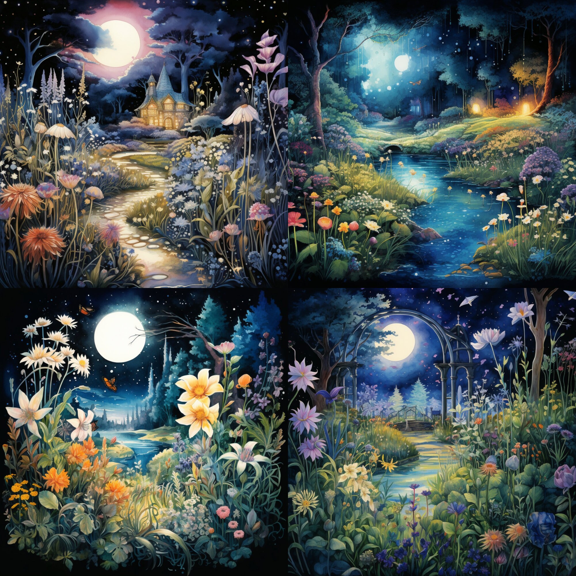26 Watercolor Mystical Moonlit Garden Clipart, Moonlight Clipart, High ...