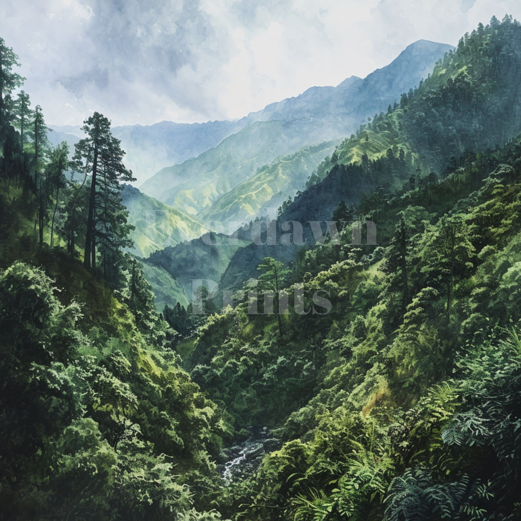 24 Forest With Distant Mountains Watercolor Clipart Foggy Forest ...