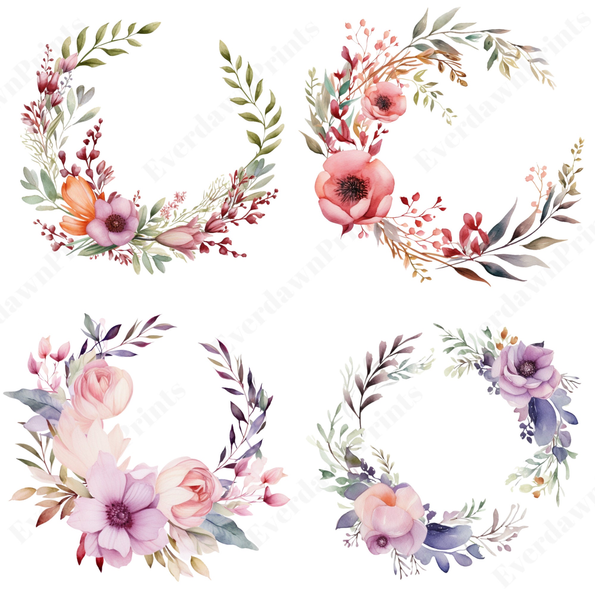 34 Flower Wreath Clipart, Flowers Arrangements, Watercolor Rustic ...