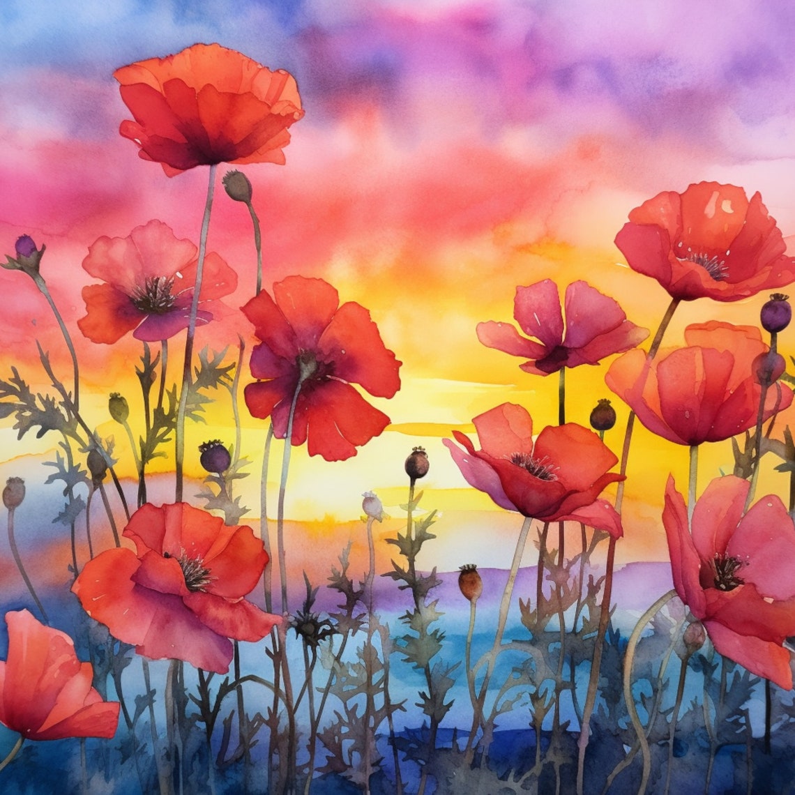 24 Watercolor Sunset Floral Clipart, Watercolor Flowers Clipart, High ...
