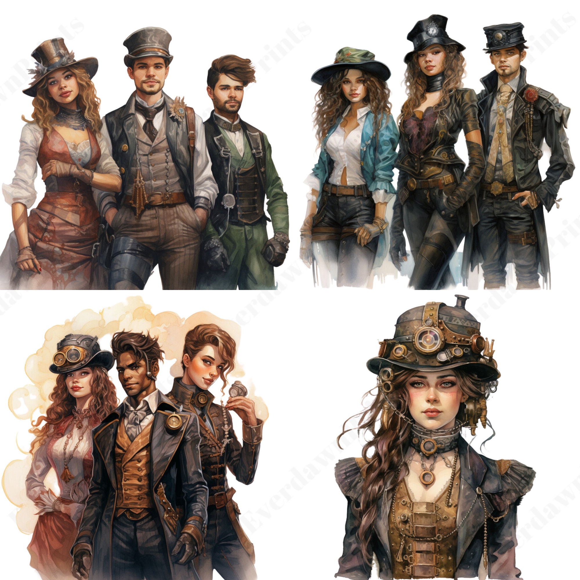 20 Watercolor Steampunk Characters Clipart, High Quality PNG ...