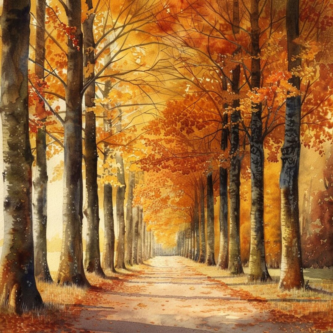 24 Autumn Path Clipart, Watercolor Fall Trees Image, Cozy Season ...