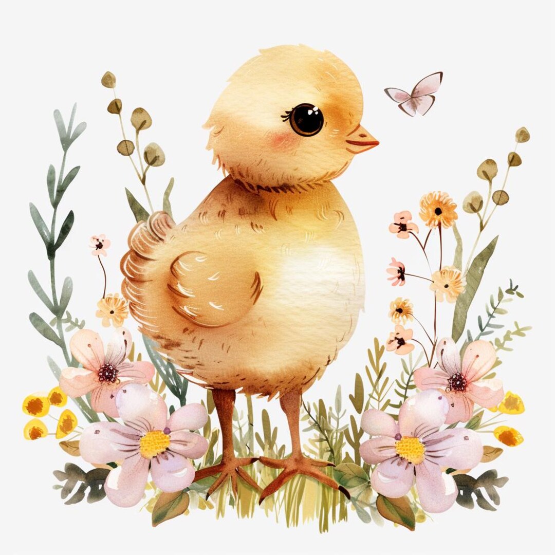 24 Vintage Chick Clipart, Spring Floral Chick Illustration, Baby Chick ...
