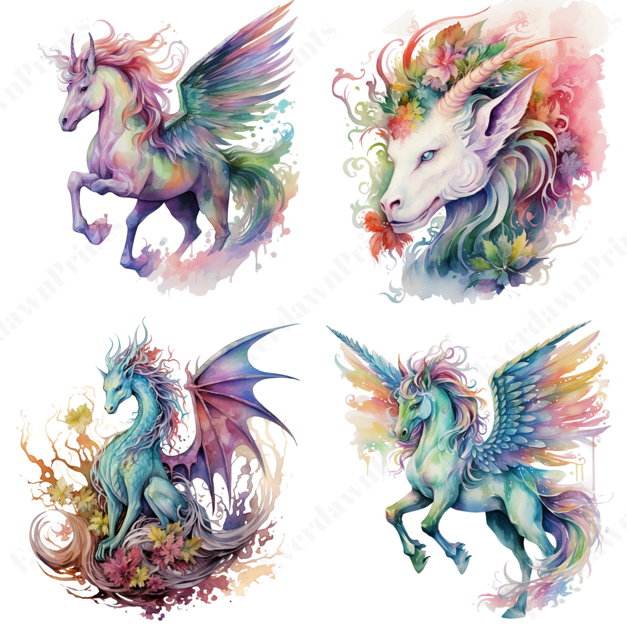 24 Magical Fantasy Creatures Clipart Watercolor - Etsy