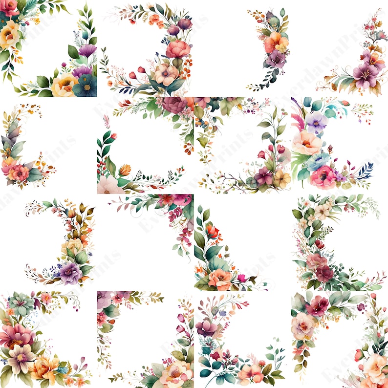 87 Watercolor Floral Borders Set 2, Wild Floral Clipart, High Quality ...