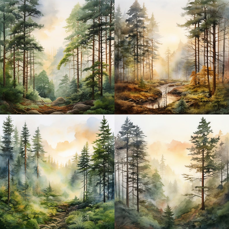 20 Watercolor Forest Landscapes, Watercolor Forest Background, High ...