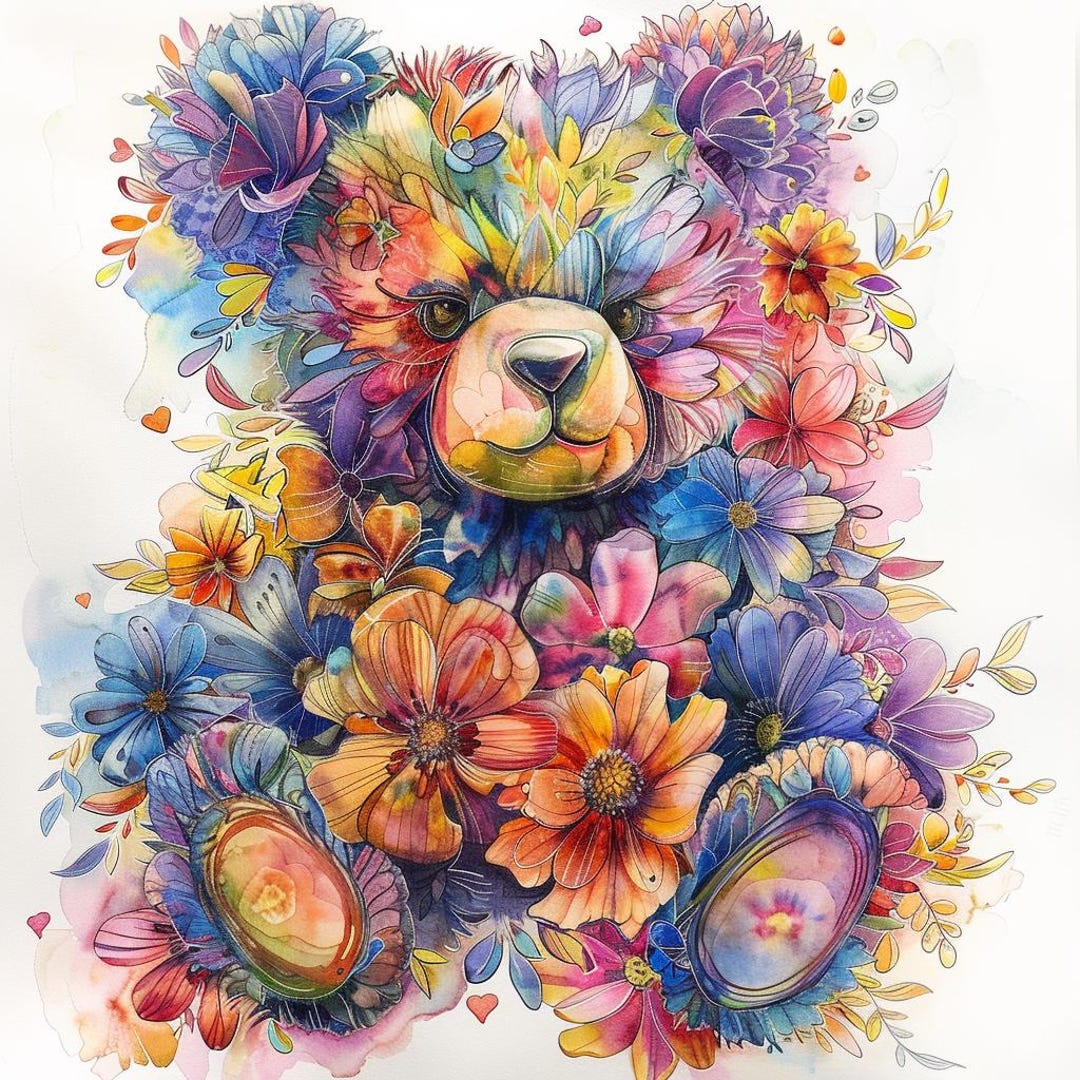 24 Rainbow Floral Teddy Bear Clipart, Vibrant Watercolor Animal ...