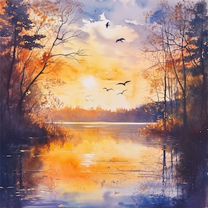 24 Watercolor Sunset Lake With Forest, Watercolor Forest Background ...
