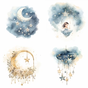 24 Celestial Moon Star Clipart, Watercolor Moon and Stars PNG, Astral ...