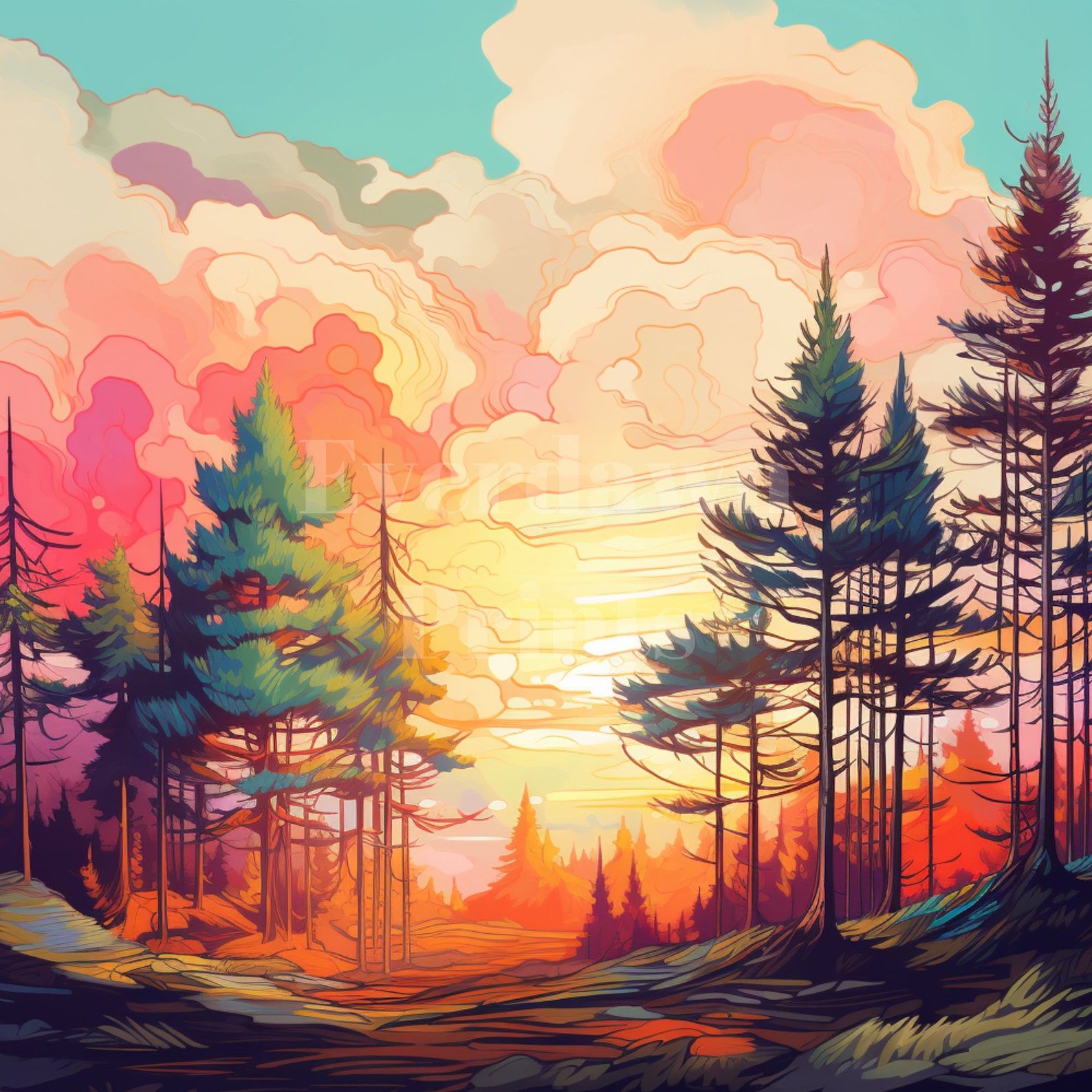 32 Colorful Pine Trees Watercolor Clipart Watercolor Forest Background ...