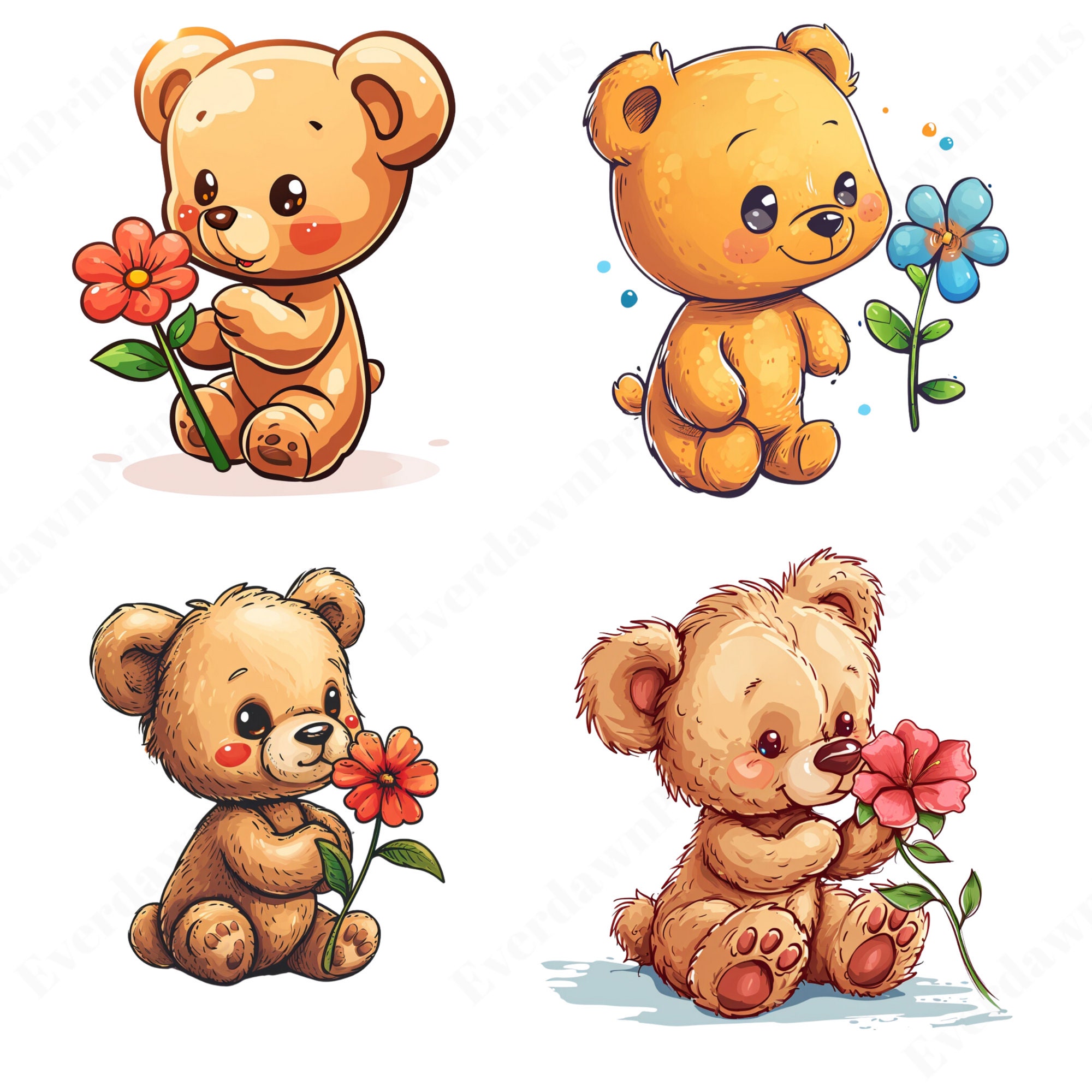 24 Cute Teddy Bear Watercolor Clipart, Kawaii Teddy Bear, Transparent ...