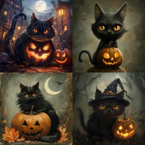 24 Halloween Black Cat With Witch Hat Clipart, Spooky Autumn Pumpkin ...