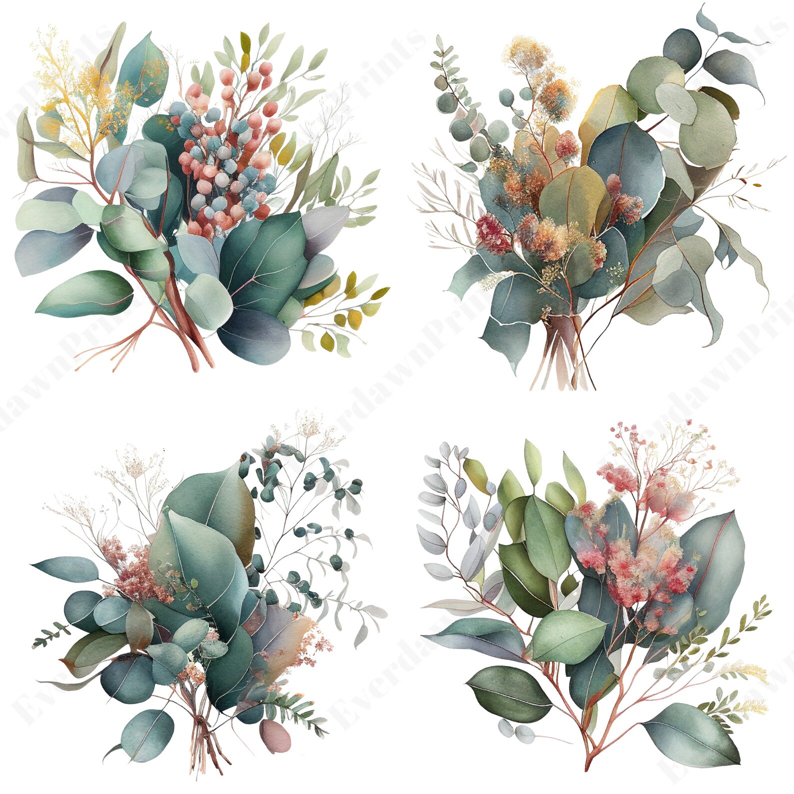 30 Watercolor Greenery Eucalyptus Clipart, Eucalyptus Bouquet, Greenery ...