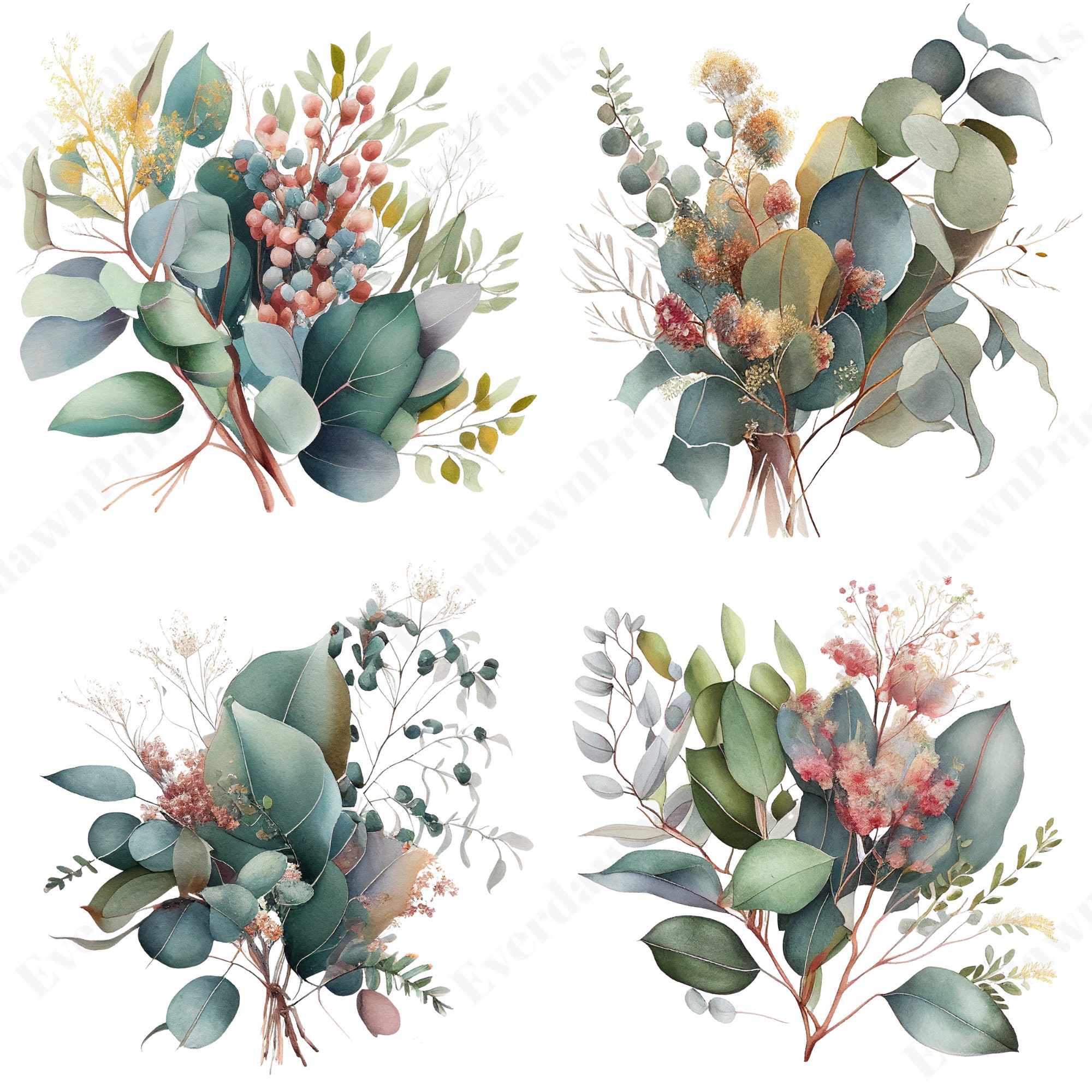 30 Watercolor Greenery Eucalyptus Clipart, Eucalyptus Bouquet, Greenery ...