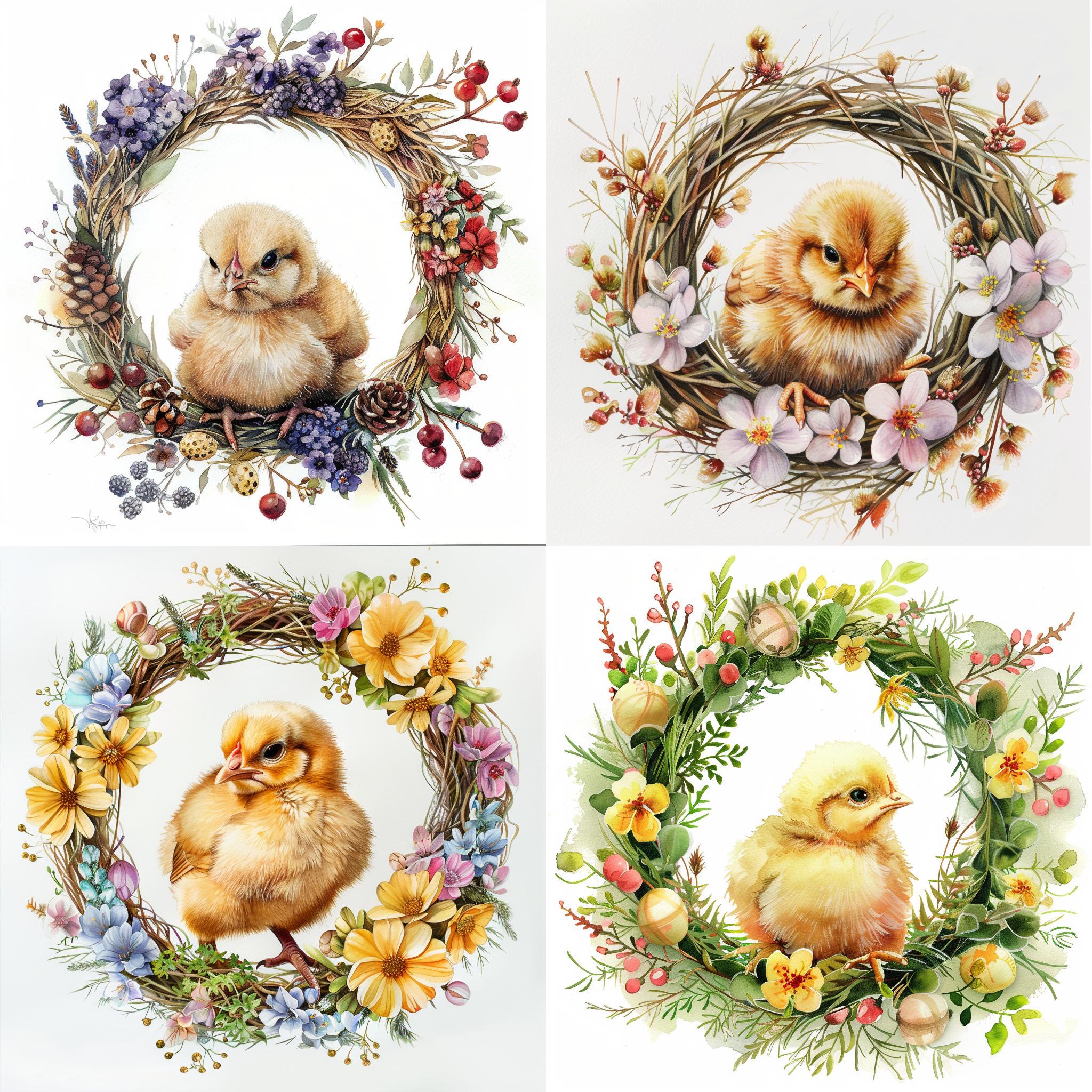 24 Chick Clipart, Floral Wreath Clipart, Watercolor Chick, Spring ...