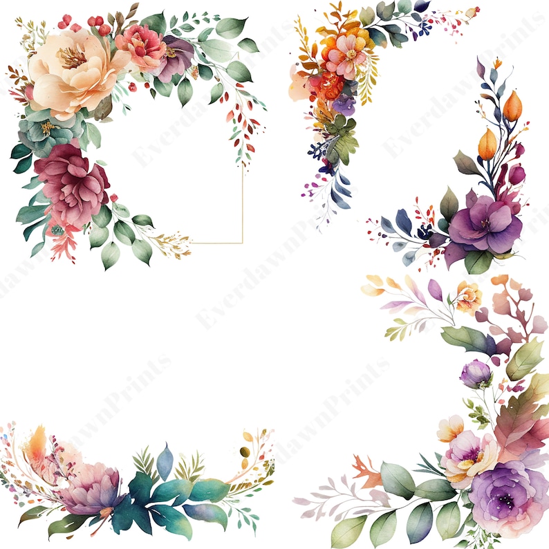 87 Watercolor Floral Borders Set 2, Wild Floral Clipart, High Quality ...